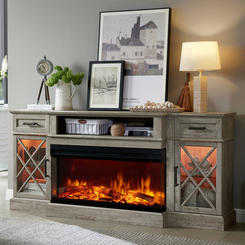 Loon Peak Gaobo Farmhouse Fireplace TV Stand For TVs Up To 80 Wood Entertainment Centre With Electric Fireplace Timer Wayfair TV Stands
